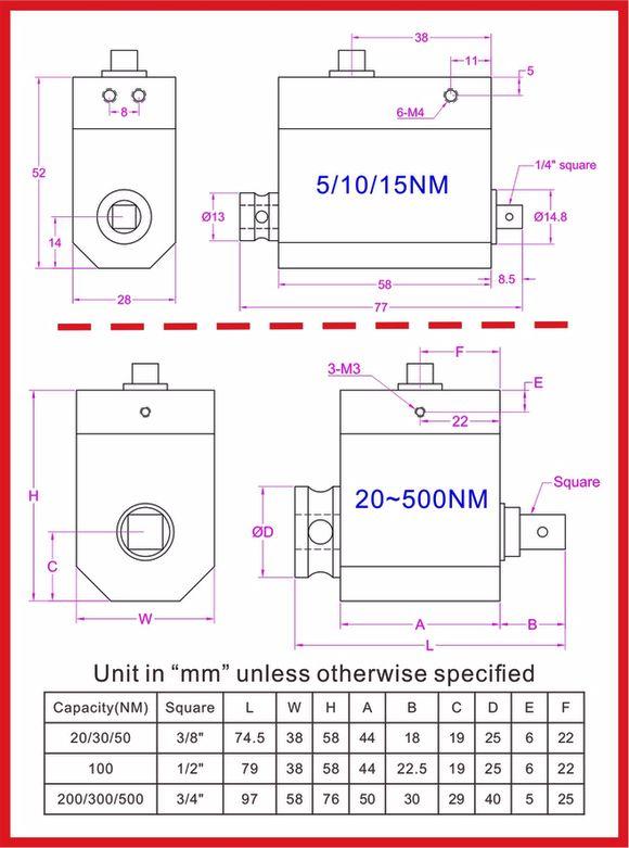 Square drive Rotary torque transducer rotating torque measurement